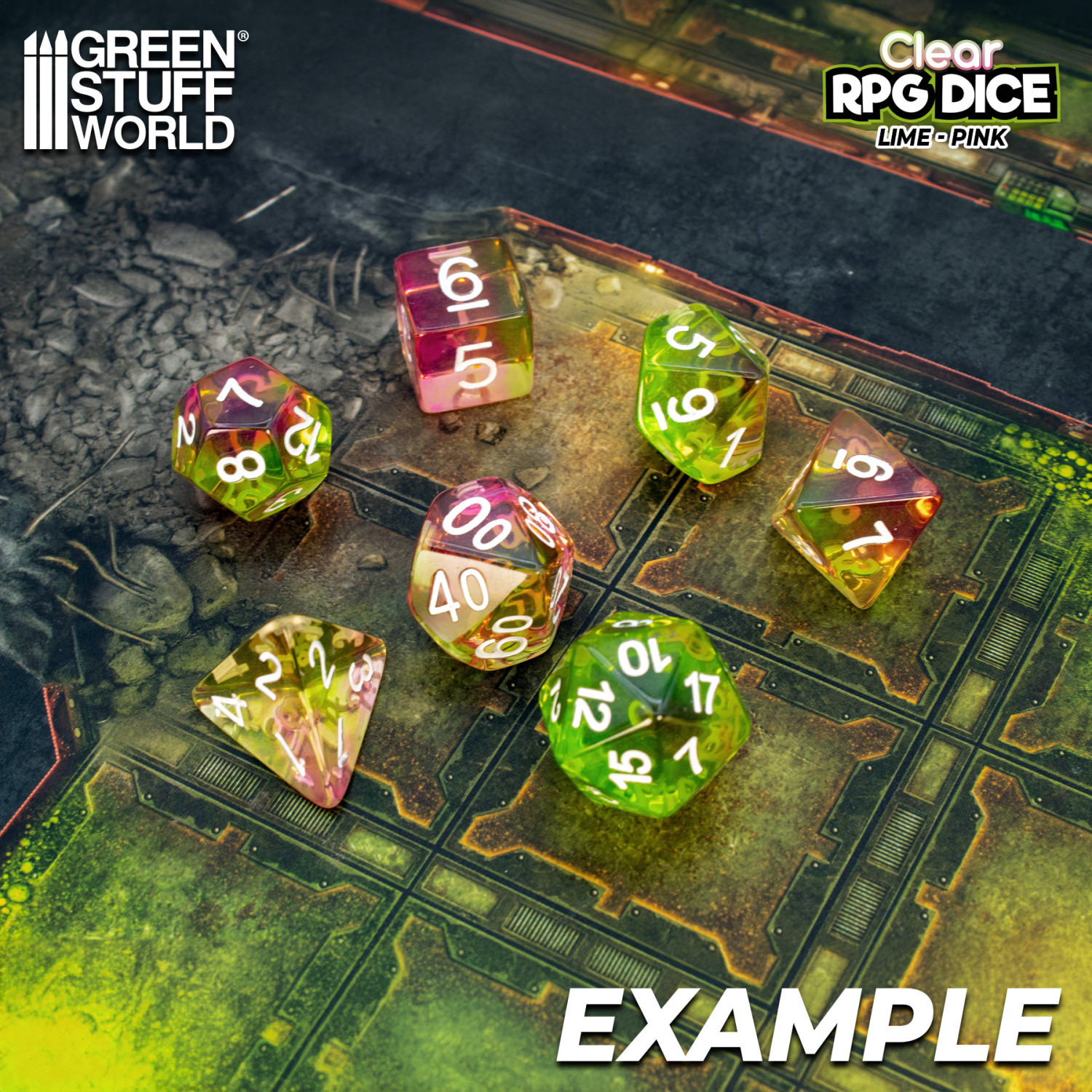 7x Mix 16mm Dice - Clear Lime and Pink - GSW