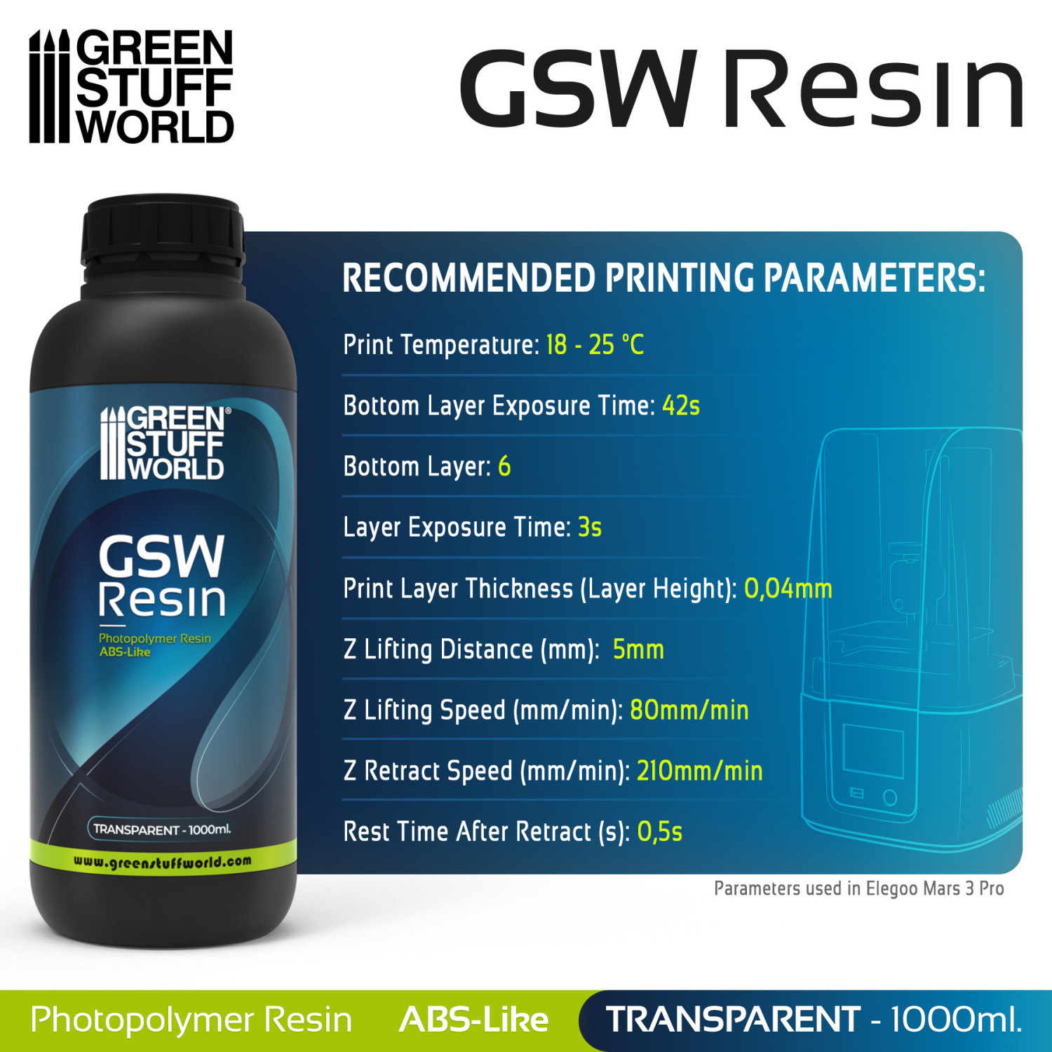 Resin for 3d printers ABS-like Transparent 1L | Clear Resin - GSW