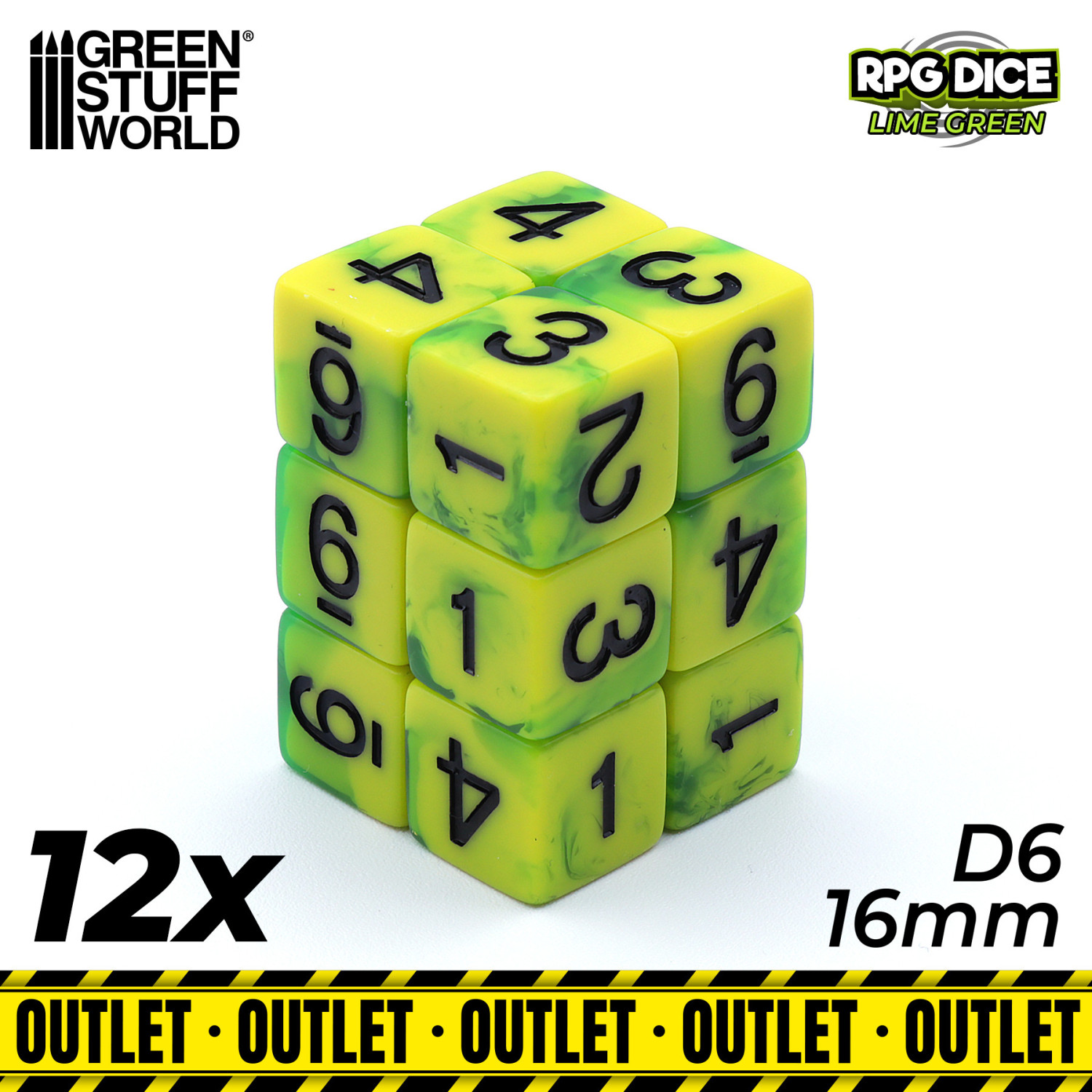 12x Dados D6 16mm - Lima Marmol OUTLET - GSW