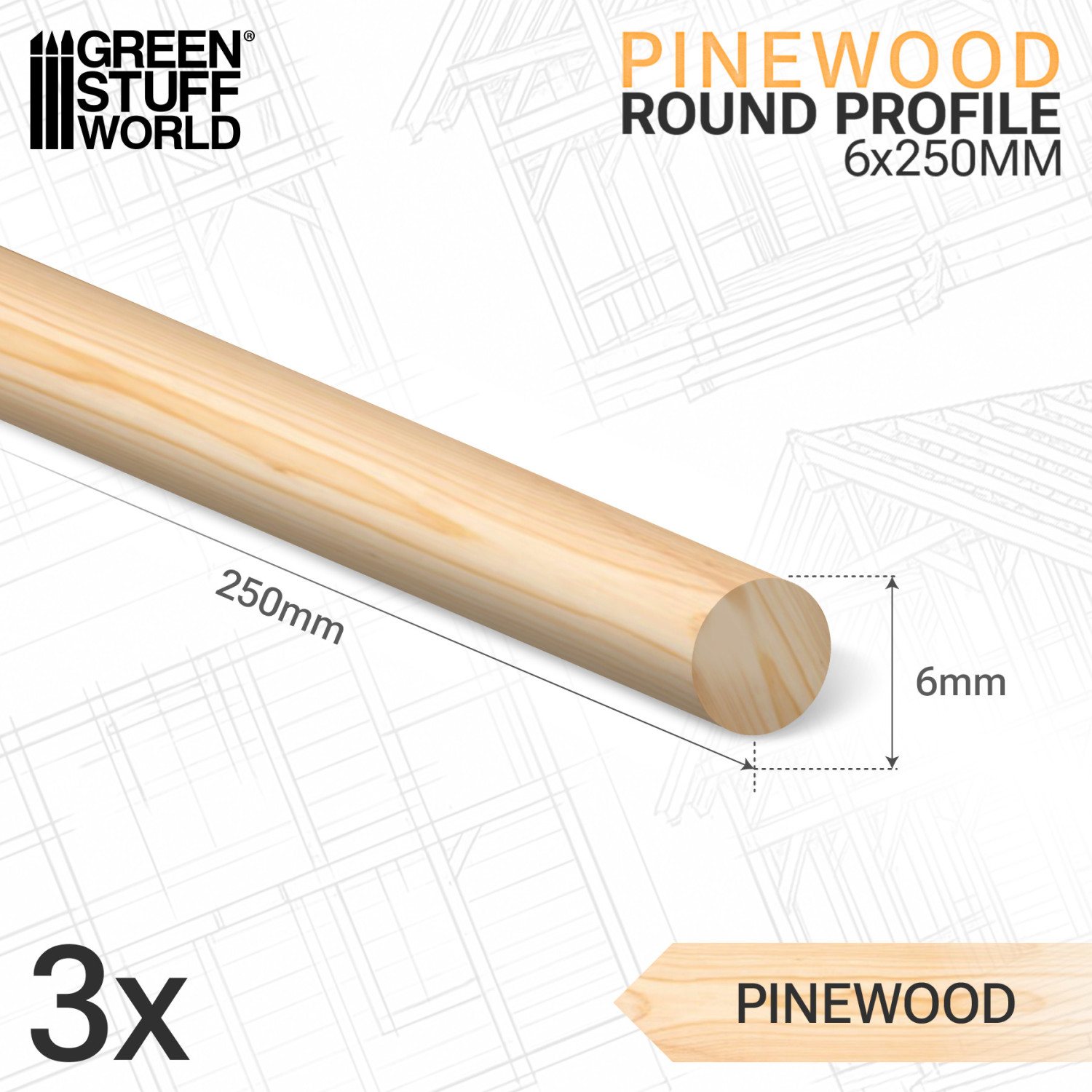 Bois de pin - PROFIL ROND 6x250mm | Bâton rond - GSW