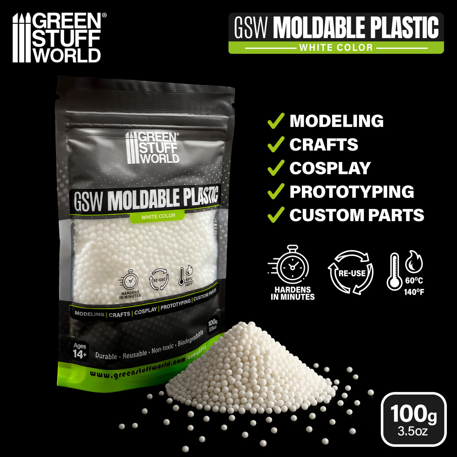 Plastico Moldeable Pellets - Blanco 100gr | Bolitas de plastico - GSW