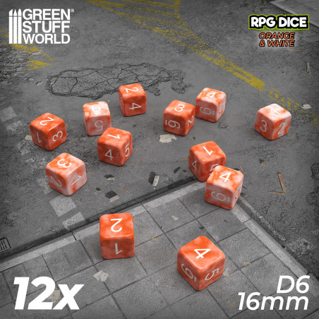 12x D6 16mm Dice - Orange White Marble - GSW