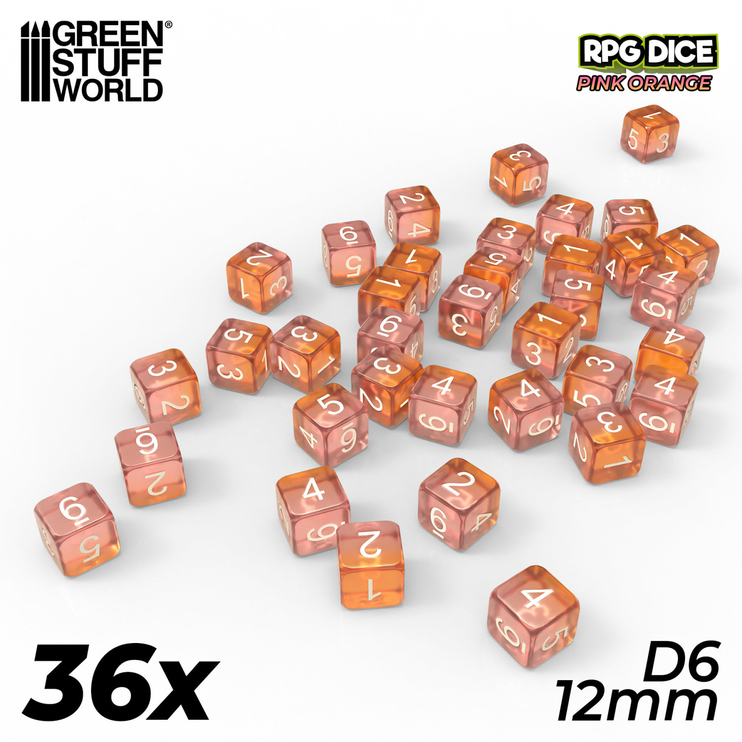 36x D6 12mm Dés de Jeu - Orange/Rose Transparent - GSW